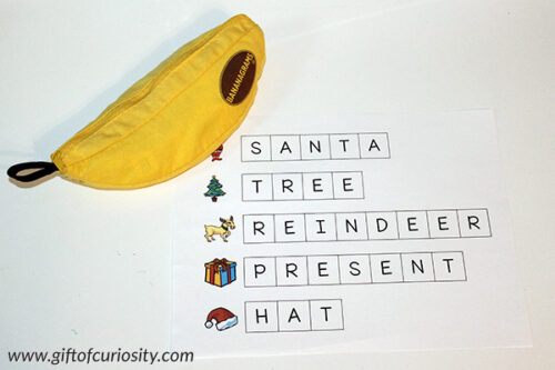 Christmas spelling activity using letter tiles - Gift of Curiosity